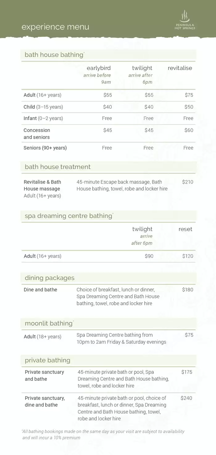 Peninsula Hot Springs: Price List 2025 06.01.2025/31.12.2025 ...