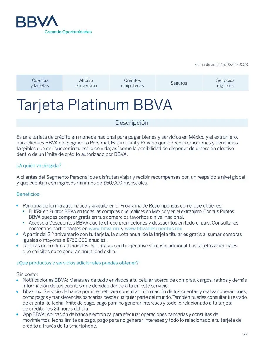 BBVA Bancomer: Tarjeta Platinum BBVA 12.01.2024/28.04.2024 | Catalogium México