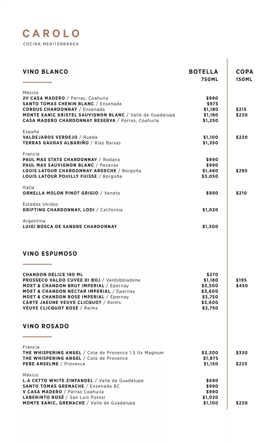 Carolo: Menú Vinos 30.01.2025/31.12.2025 | Catalogium México